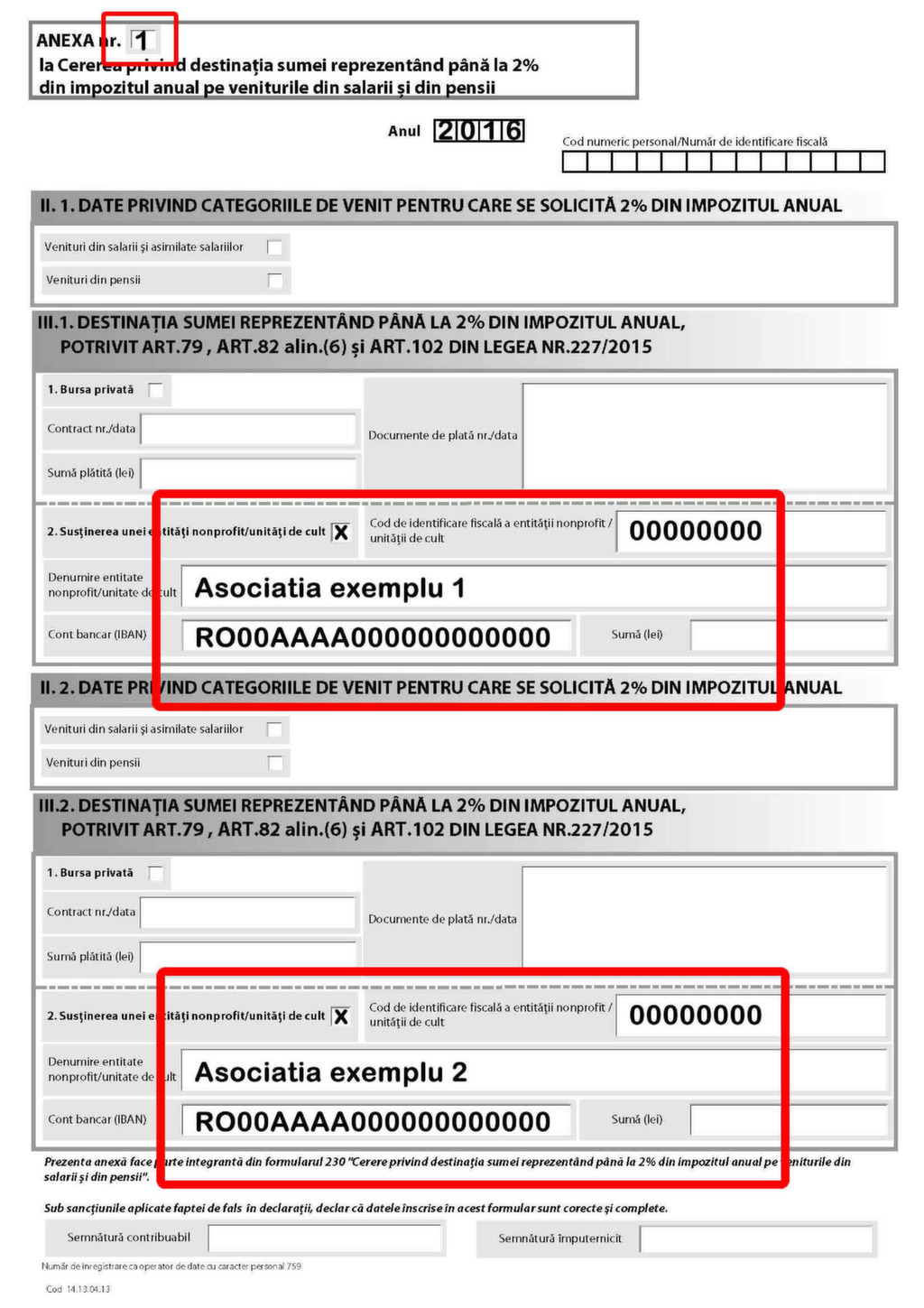Exemplu de completare a formularului 230 ANAF, pentru Fundatia SinVi si ...